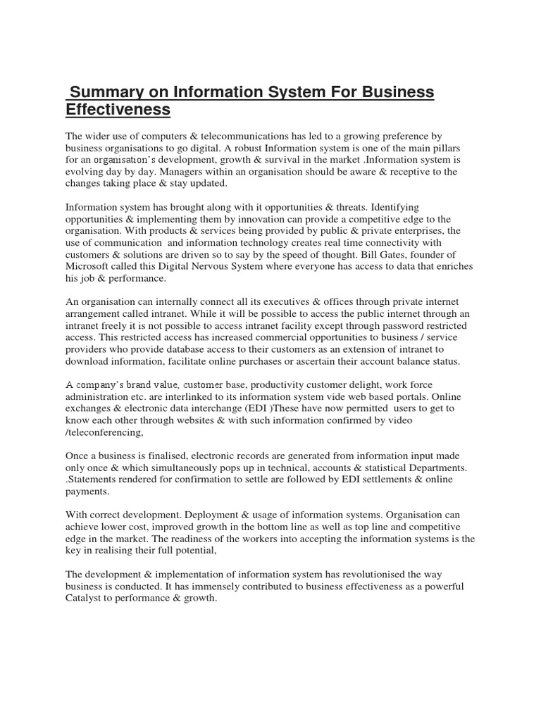 Summary On Information System For Business Effectiveness | PDF ...
