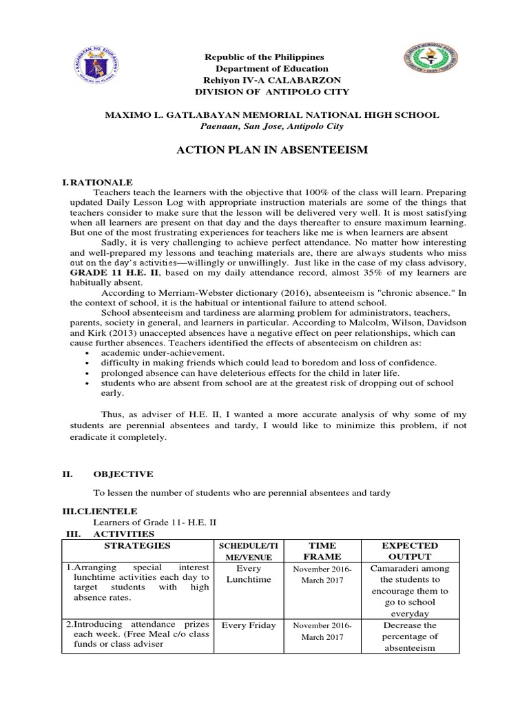 Action Plan in Absenteesm | Classroom | Teachers