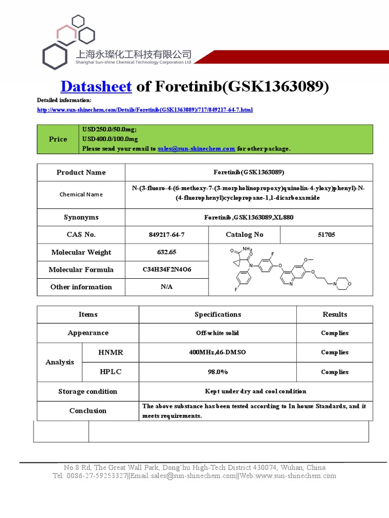 Datasheet of Foretinib (GSK1363089) - CAS 849217-64-7 | PDF | Chemistry ...