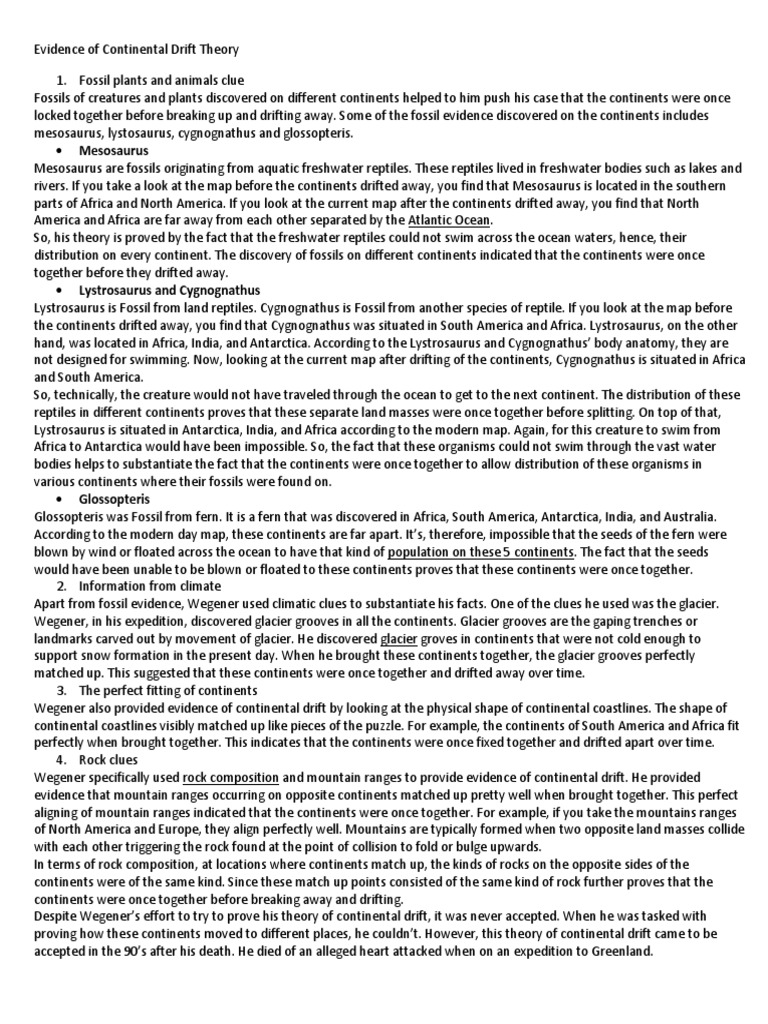 Evidence of Continental Drift Theory | PDF | Continent | Earth Sciences