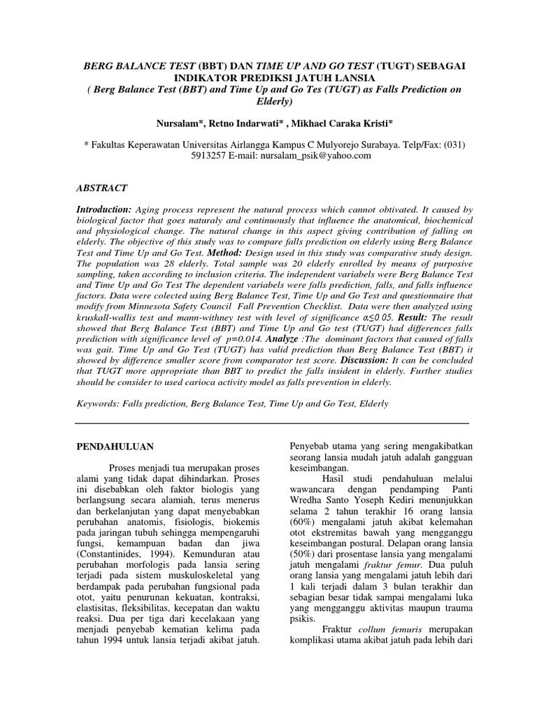 Berg Balance Test (BBT) and Time Up and Go Tes (Tugt) As Falls ...