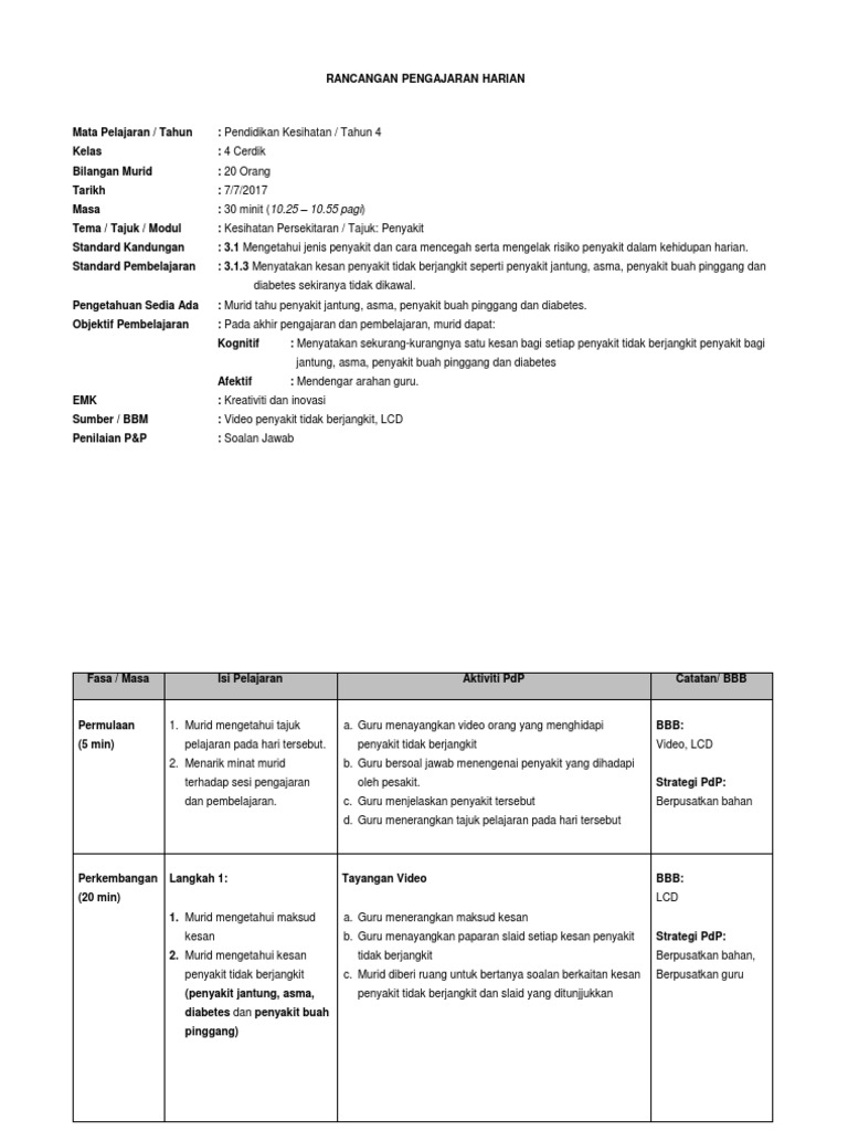 RPH Pendidikan Kesihatan Tahun 4 | PDF