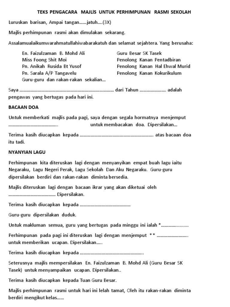 Teks Pengacara Majlis Untuk Perhimpunan Rasmi Sekolah | PDF