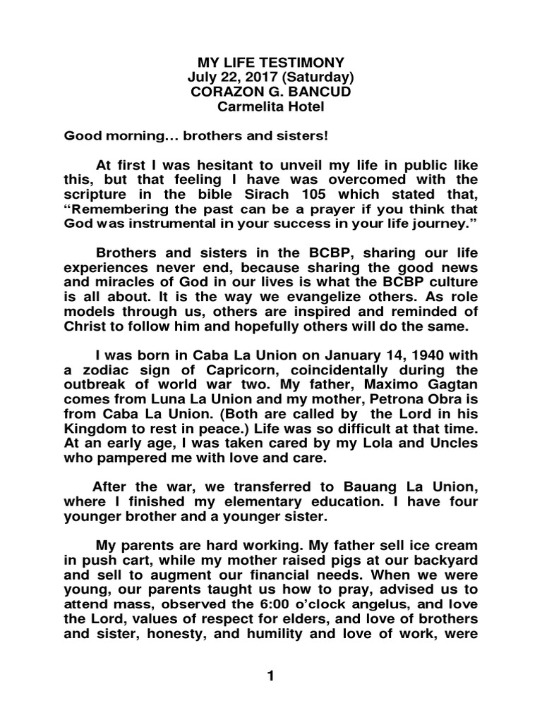 My Life Testimony | PDF | Prayer | Catholic Church