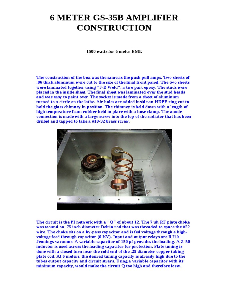 6 Meter GS-35B Amplifier Construction | PDF | Vacuum Tube | Amplifier