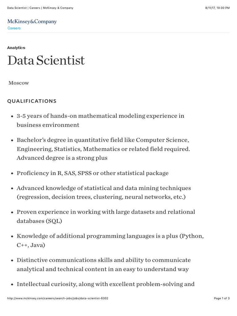 McKinsey Data Scientist Role in Moscow | PDF | Data Science | Analytics