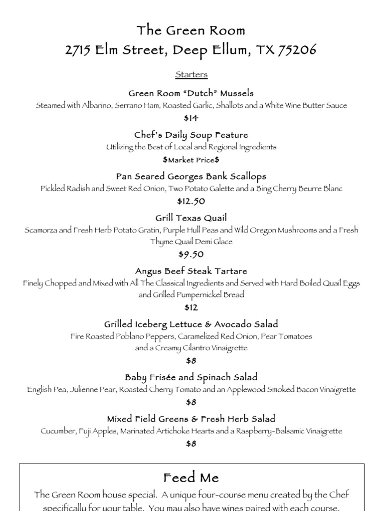 Deep Ellum's Green Room Menu Highlights | PDF | Salad | Roasting
