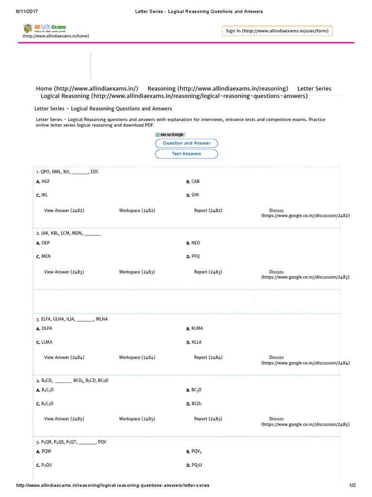 Letter Series - Logical Reasoning Questions and Answers | PDF | Reason ...