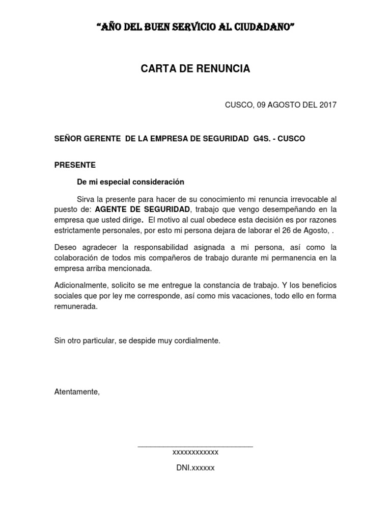 Modelo de carta de renuncia G4S PDF | PDF