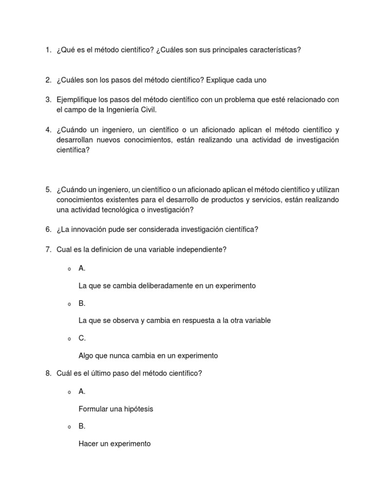 Cuestionario sobre el Método Científico | PDF | Método científico | Science