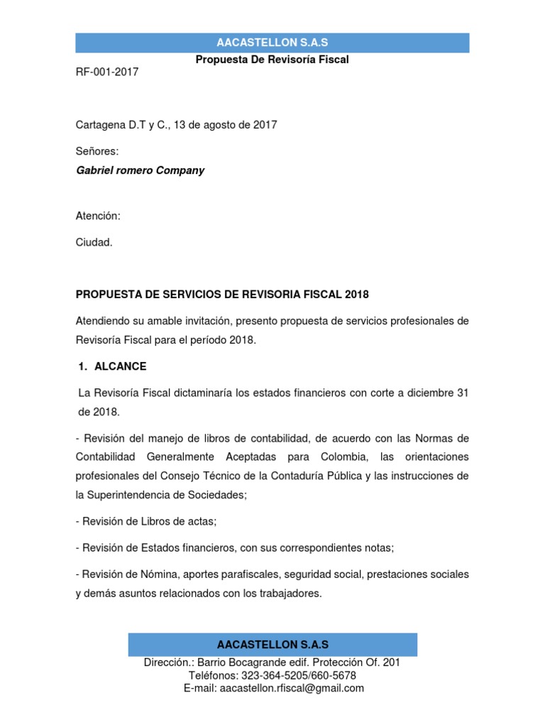 Propuesta Revisoria Fiscal Pdf Contador Contabilidad