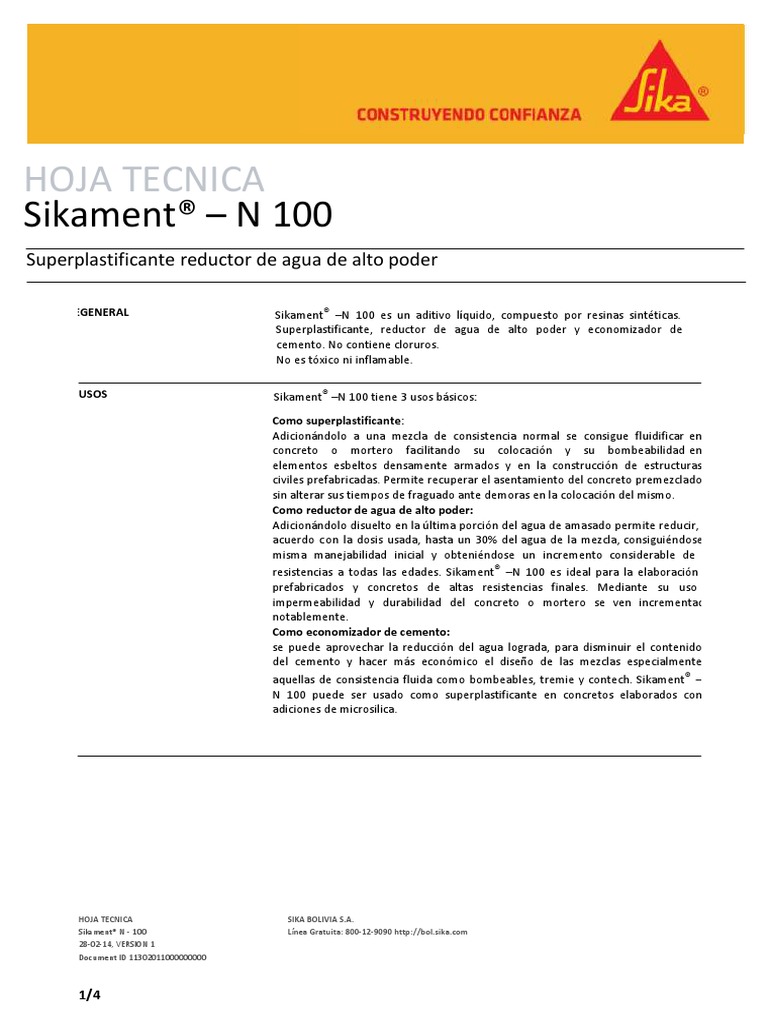 6.2. HT Sikament® N-100 REV. 28.02.14 | PDF | Hormigón | Cemento