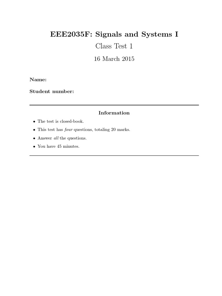 Signals and Systems I Class Test 1: Questions on Signal Operations ...