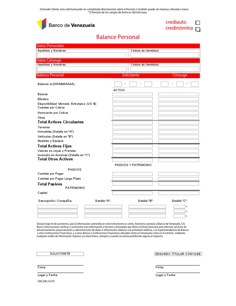 Planilla Balance Personal BANCO VENEZUELA | Bancos | Venezuela