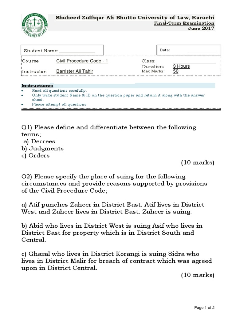 CPC Question Paper | PDF | Judgment (Law) | Common Law