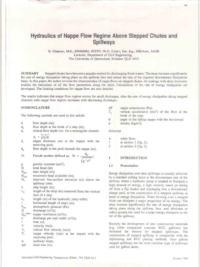 H. Chanson - Hydraulics of Nappe Flow Regime | PDF | Spillway | Civil Engineering