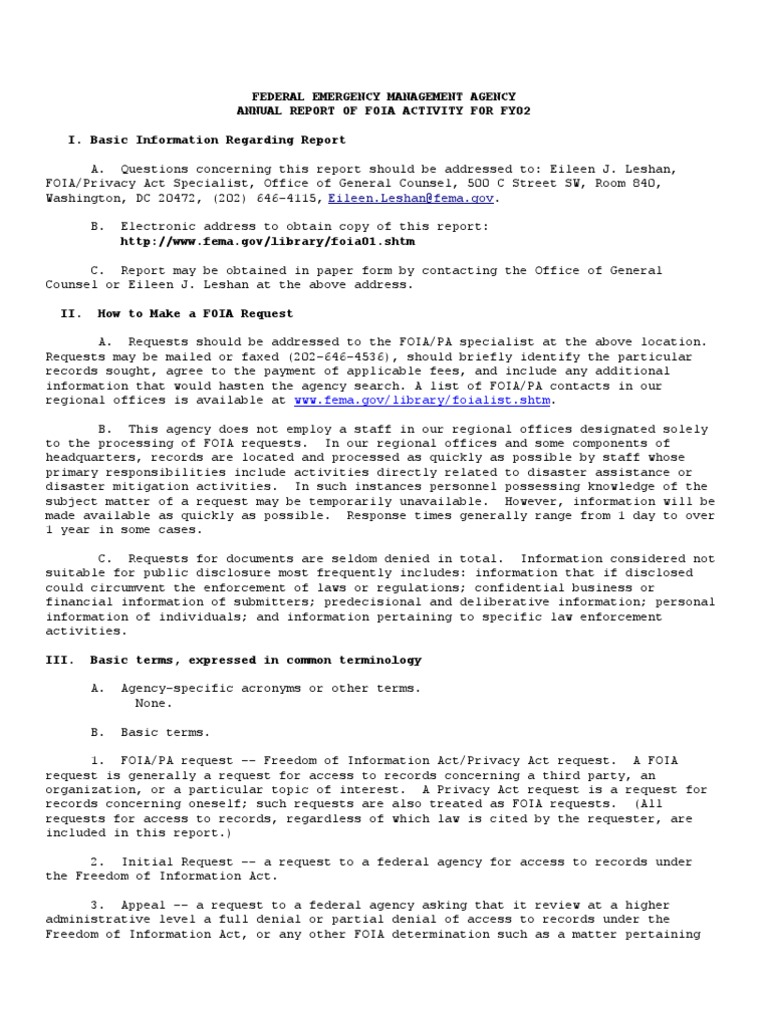 Federal Emergency Management Agency Annual Report of Foia Activity For ...