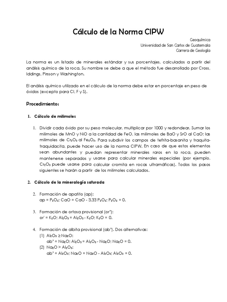 Cálculo de La Norma CIPW USAC 2017 | PDF | Sólidos cristalinos | Minerales