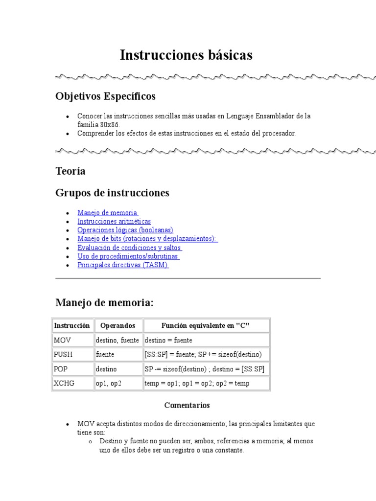 01 - Instrucciones Básicas Ensamblador | PDF | Lenguaje ensamblador | Programa de computadora