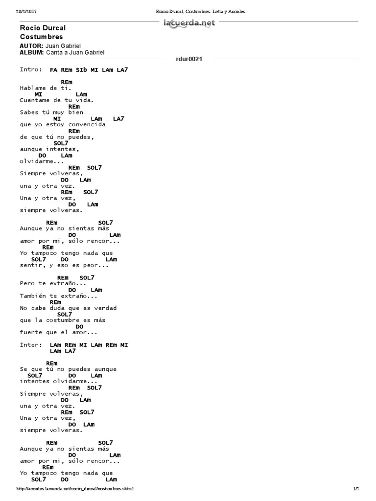 Rocio Durcal, Costumbres - Letra y Acordes | PDF | Música grabada ...