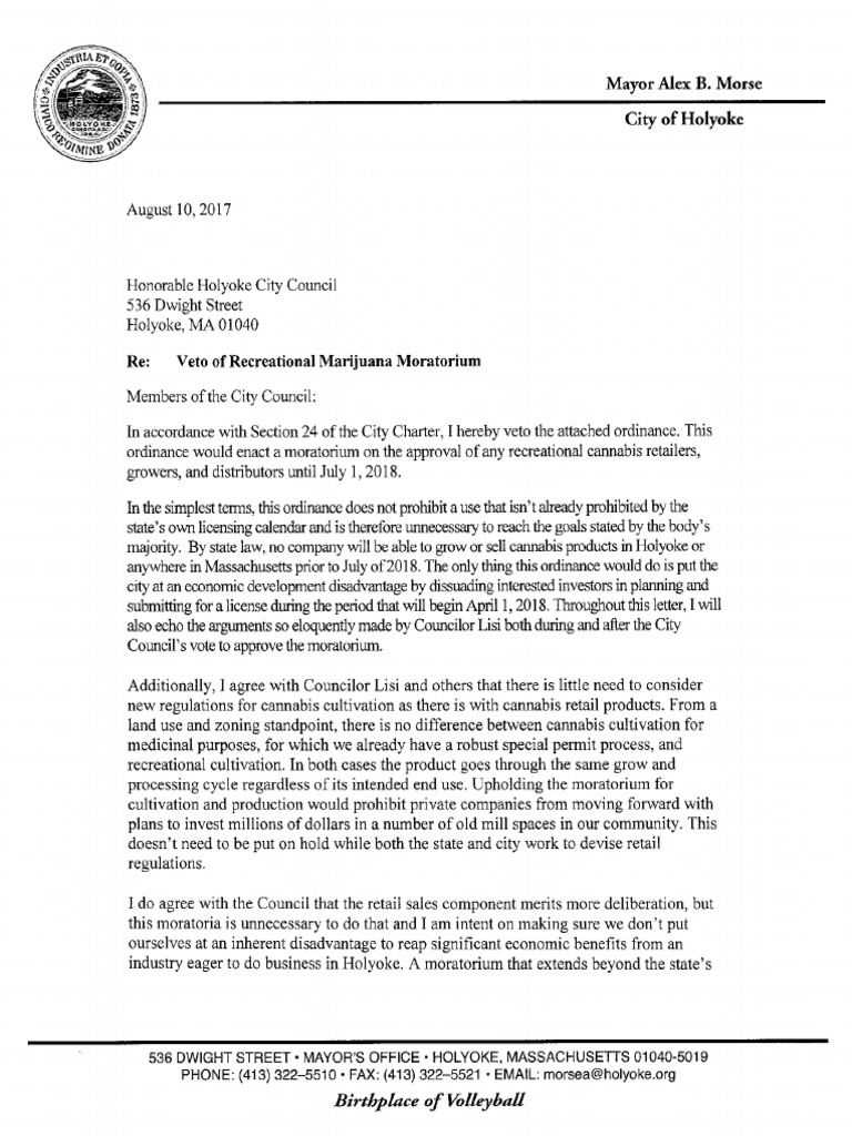 Veto letter to City Council from Holyoke Mayor Alex Morse: