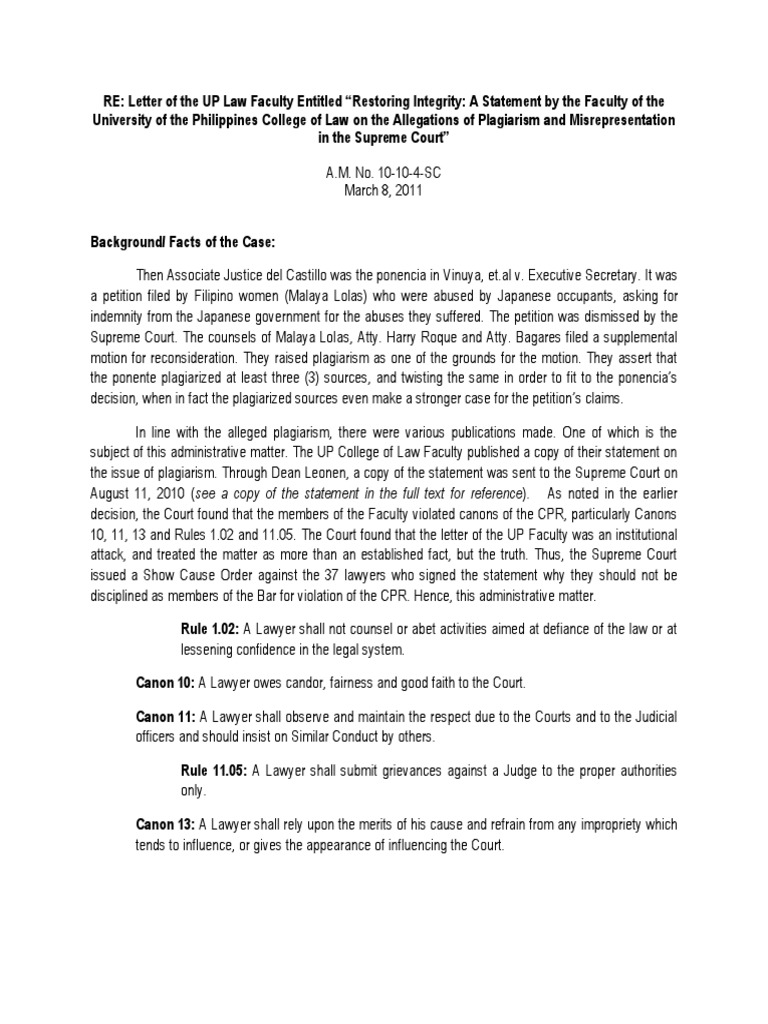 Case Digest - Restoring Integrity, UP Law Professors, 03.08.2011 | PDF ...