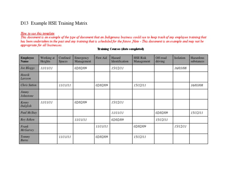 Template Commercial Capability Toolkit HSE Training Matrix | PDF