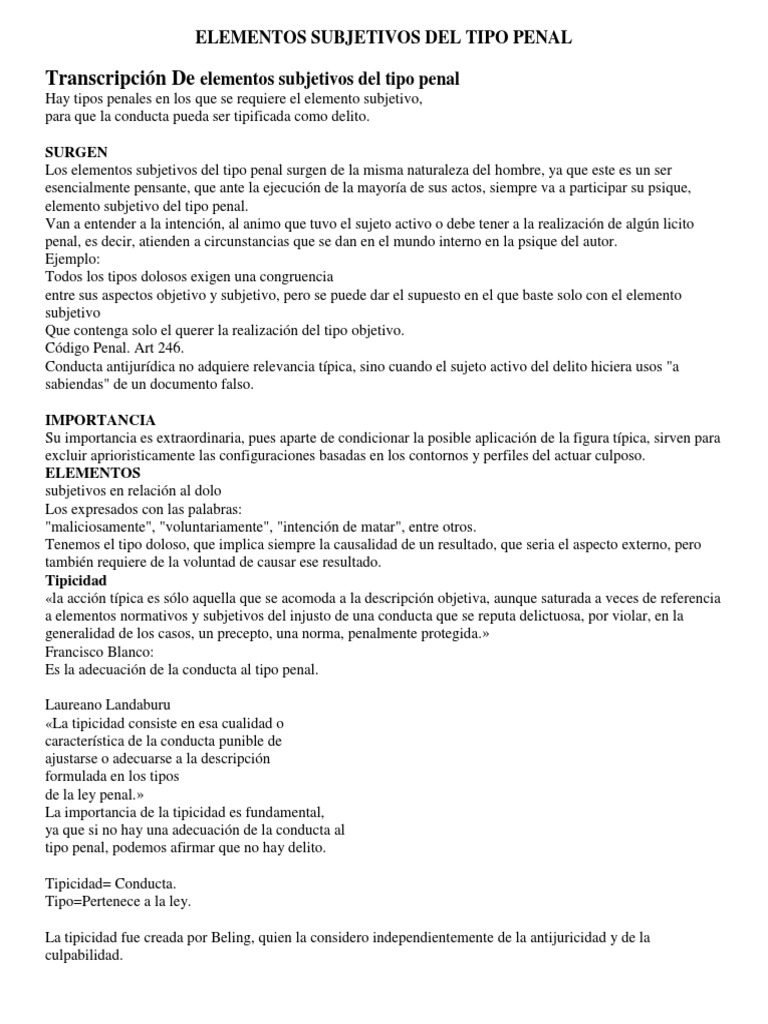 Elementos Subjetivos Del Tipo Penal | PDF | Intención (Derecho Penal ...