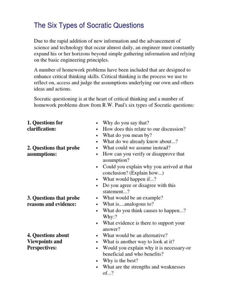 The Six Types of Socratic Questions | PDF | Critical Thinking | Question