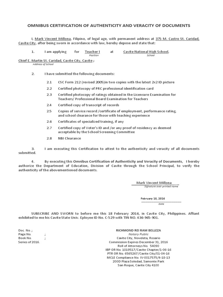 Omnibus Certification of Authenticity and Veracity of Documents | Download Free PDF | Document ...