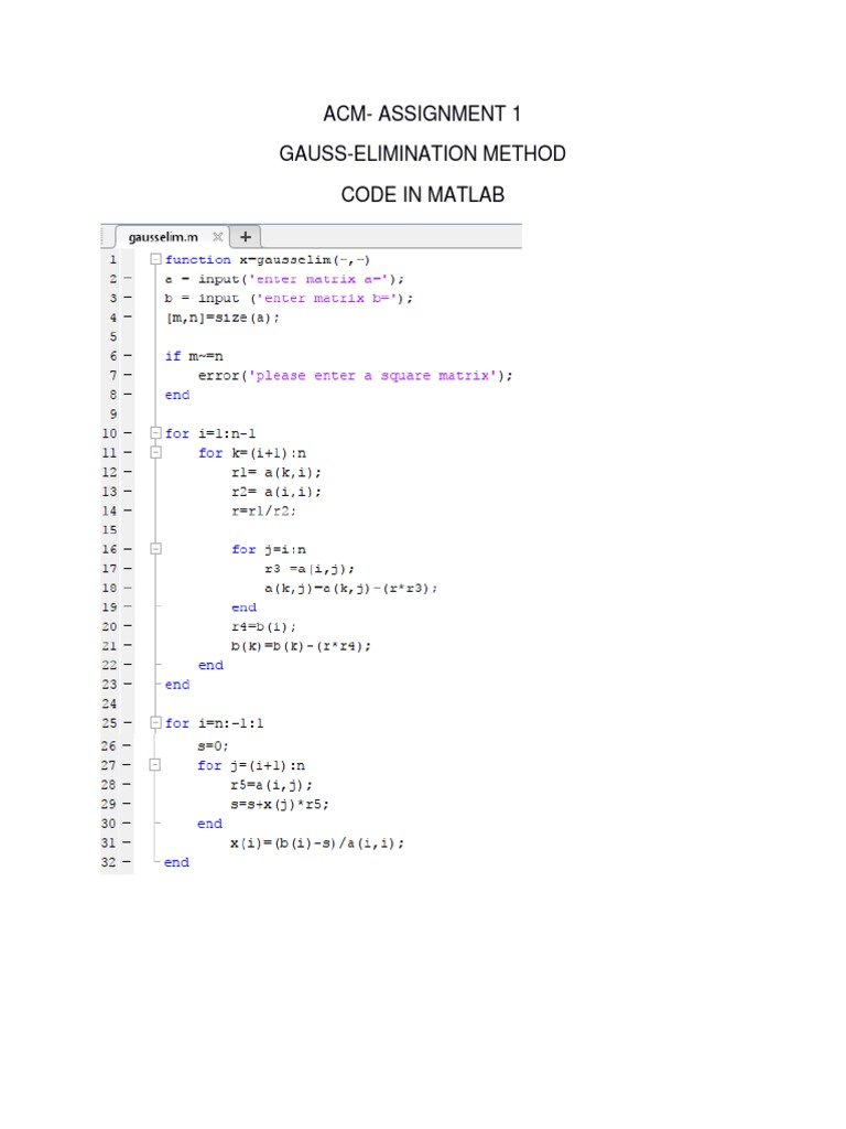 Acm-Assignment 1 Gauss-Elimination Method Code in Matlab | PDF