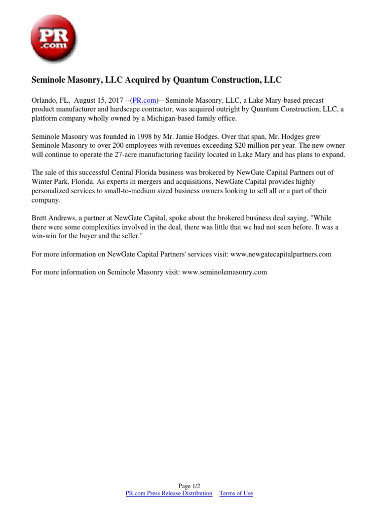Seminole Masonry, LLC Acquired by Quantum Construction, LLC | PDF ...