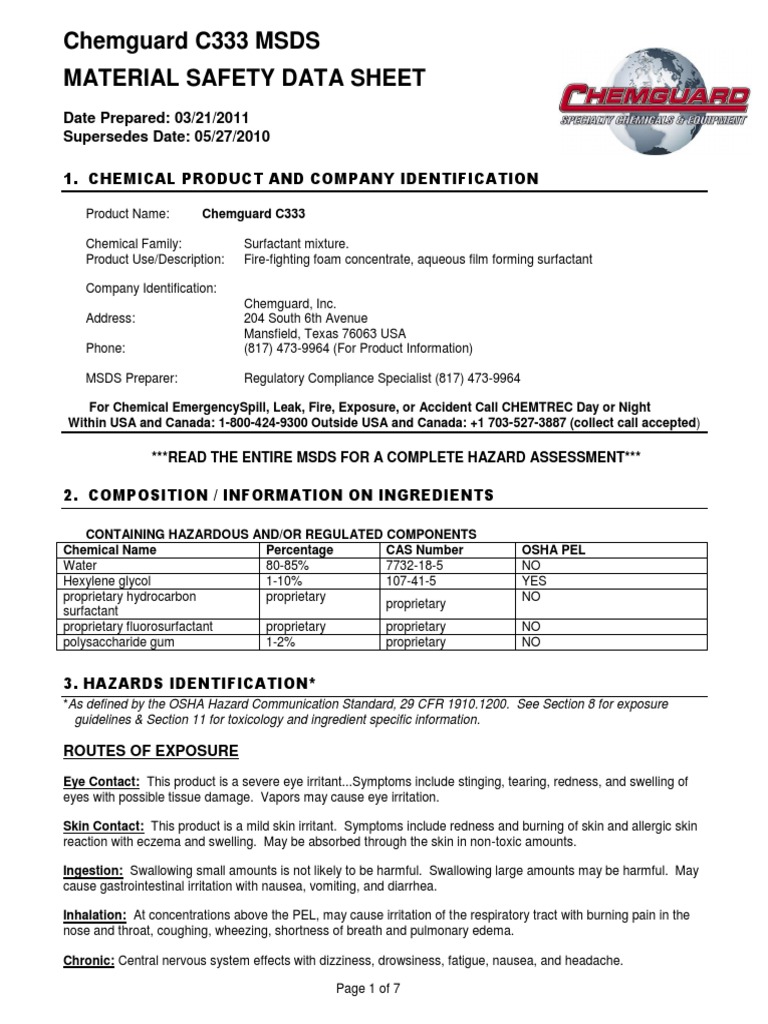 Chemguard c333 Ar-Afff 3% Msds | PDF | Dangerous Goods | Formaldehyde