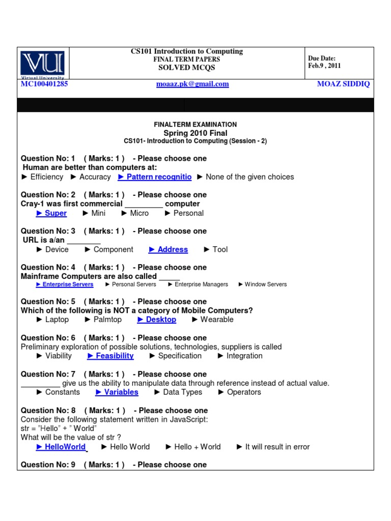Cs101final Term Solved Mcqs | PDF | File Transfer Protocol | Computer Network