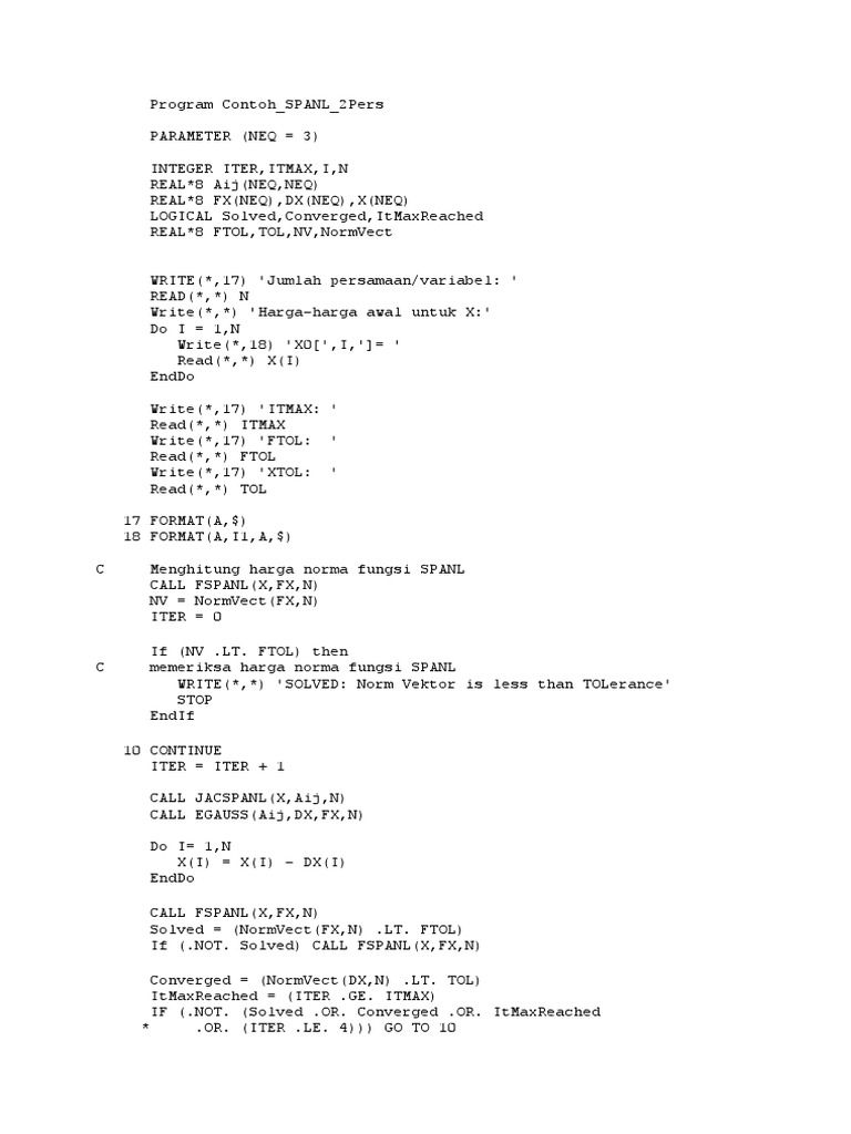 Bahasa Program Fortran SPANL Dengan 2 Persamaan | PDF | Komputer