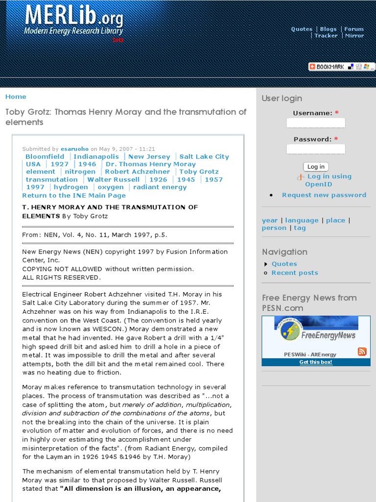 Transmutation of Elements Toby Grotz: Thomas Henry Moray and The ...