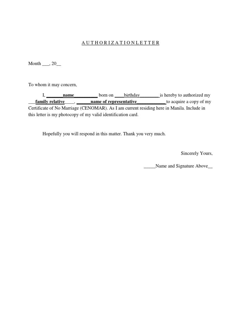 A U T H o R I Z A T I o N L e T T e R Sample For Cenomar | PDF ...