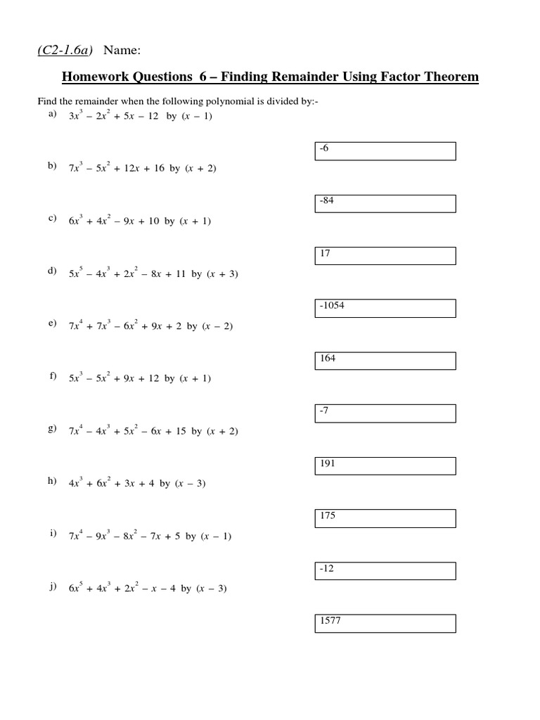 Homework Questions 6 - Finding Remainder Using Factor Theorem | PDF