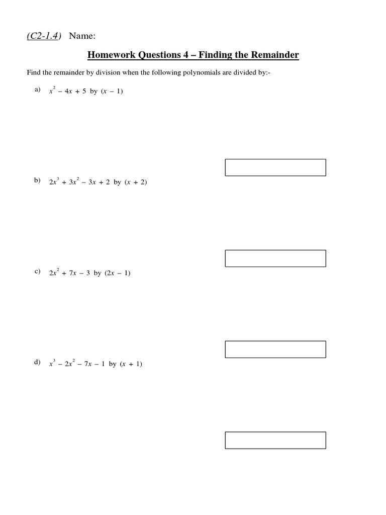Homework Questions 4 - Finding The Remainder: (C2-1.4) Name | PDF