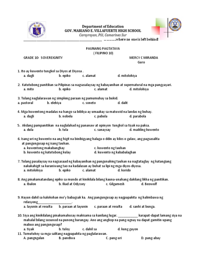 Filipino 10 Exam | PDF