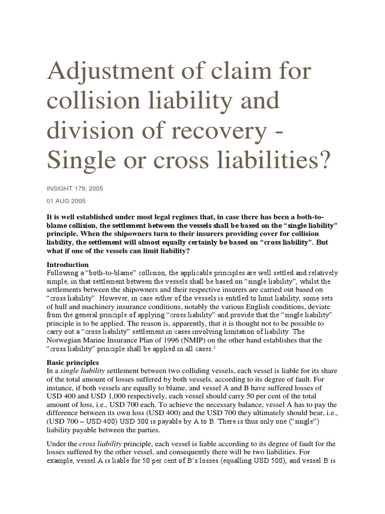 Adjustment of Claim For Collision Liability and Division of Recovery ...