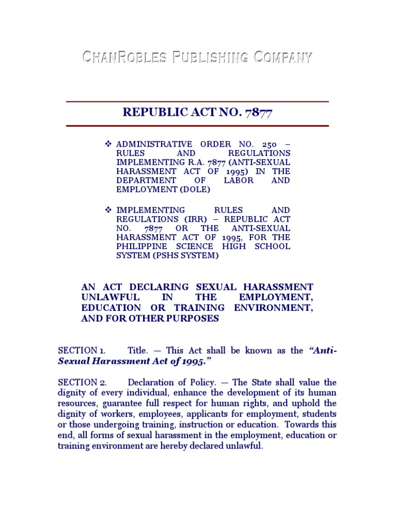 RA 7877 - Anti-Sexual Harassment Act of 1995 | Sexual Harassment ...