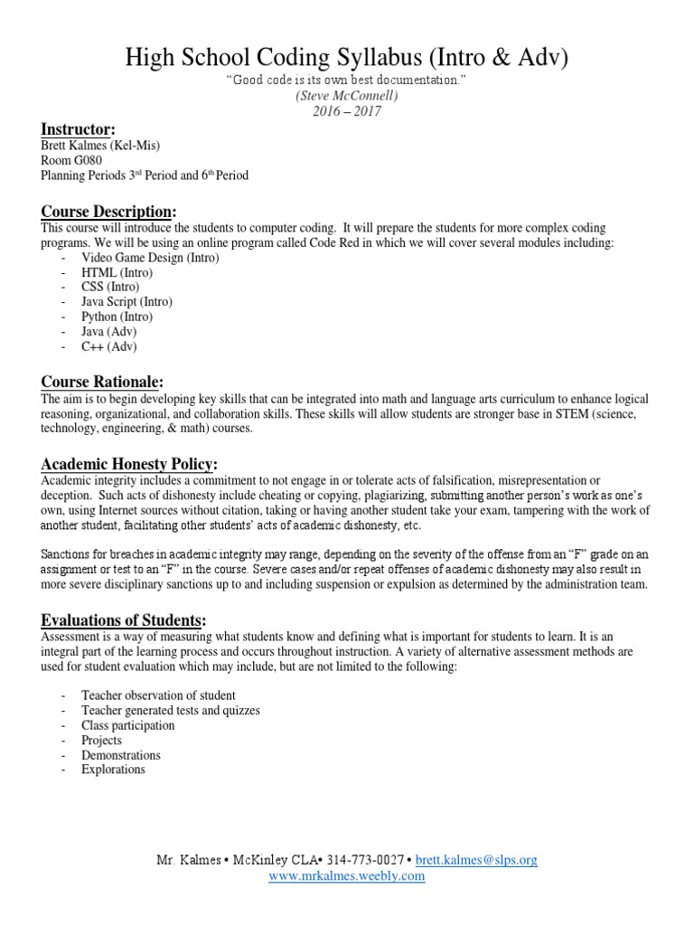 Hs Coding Syllabus | PDF | Academic Dishonesty | Educational Assessment