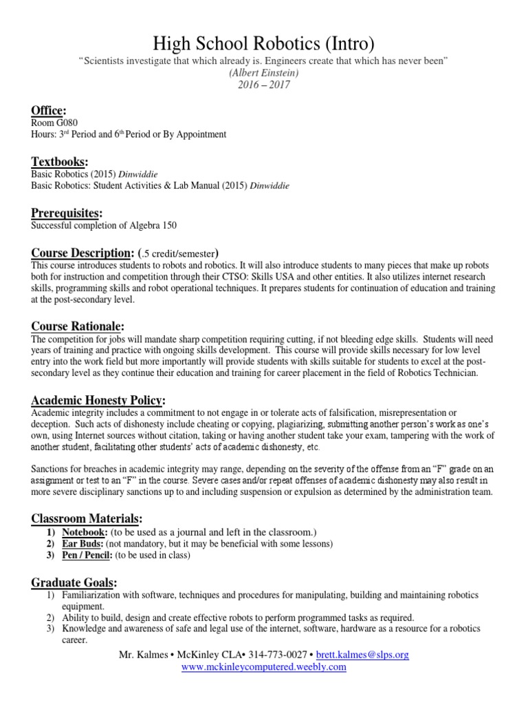 Intro Robotics Syllabus | PDF | Equations | Engineering