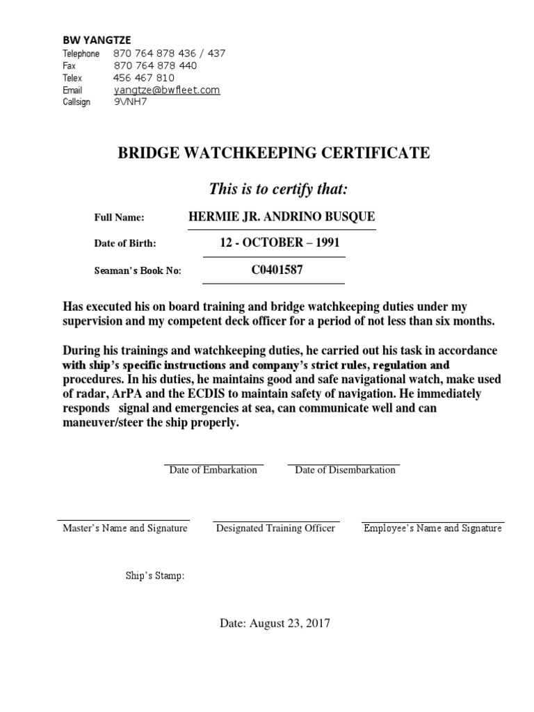 Bridge Watchkeeping Certificate: This Is To Certify That | PDF
