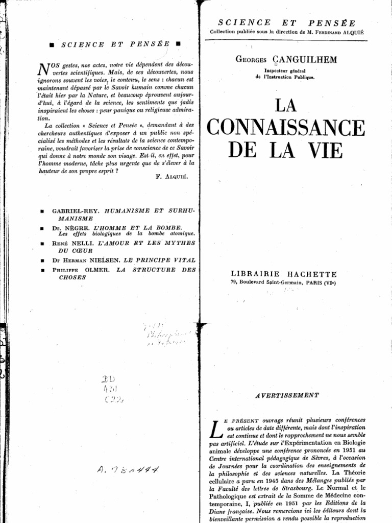 CANGUILHEM, Georges - La Connaissance de La Vie PDF | PDF | Biologie | Expérience