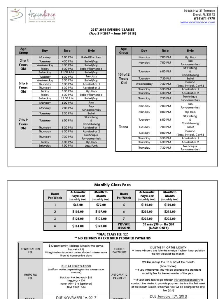 Doral Dance Evening Classes Schedule 2017-2018 | PDF | Fee | Tuition ...