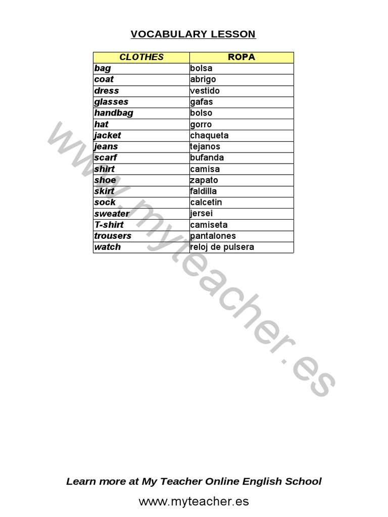 A Concise Guide to Common Articles of Clothing in English and Spanish | PDF