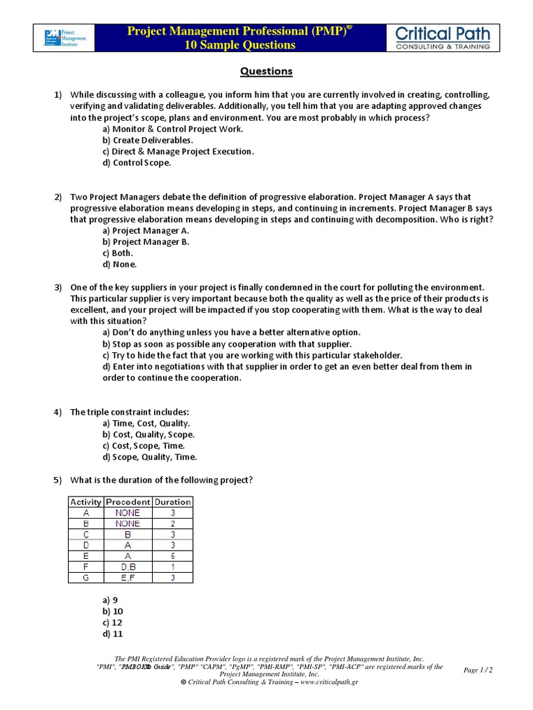 Critical Path - 10 PMP Sample Questions v2 | PDF | Project Management ...