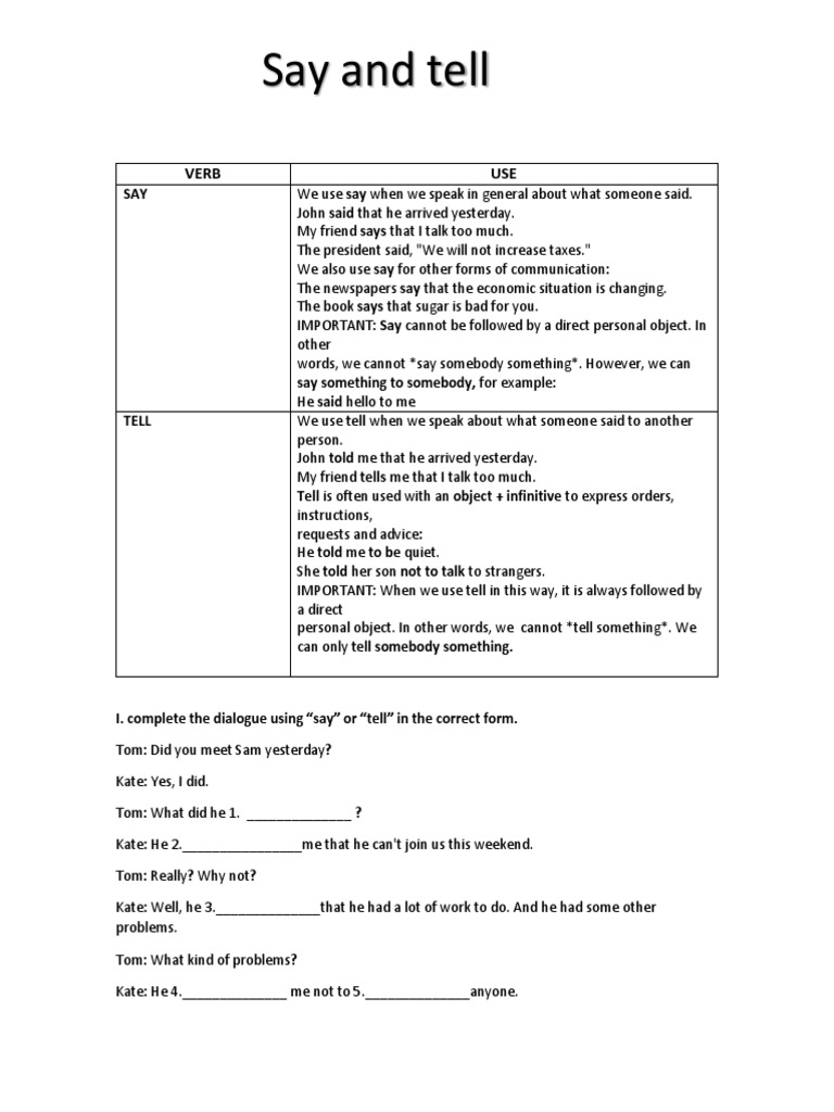 Say and Tell Worksheet With Key | Object (Grammar) | Linguistic Typology